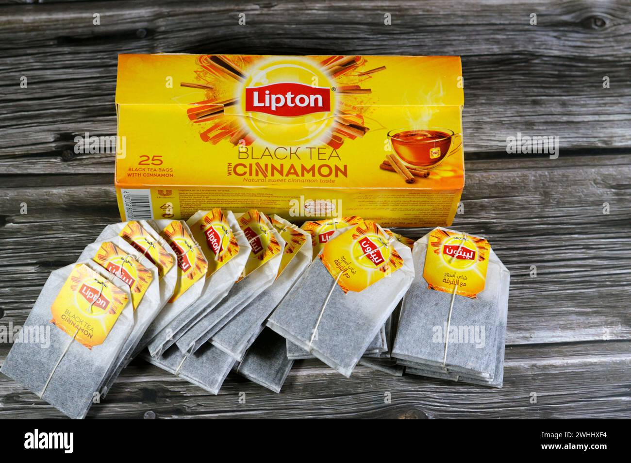 Cairo, Egypt, February 7 2024: Lipton black tea with cinnamon bags, sum ...