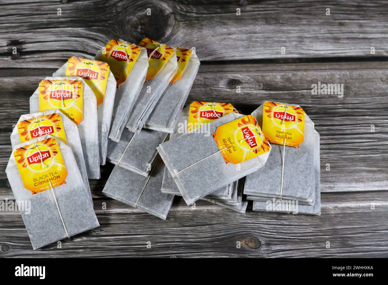 Cairo, Egypt, February 7 2024: Lipton black tea with cinnamon bags, sum ...