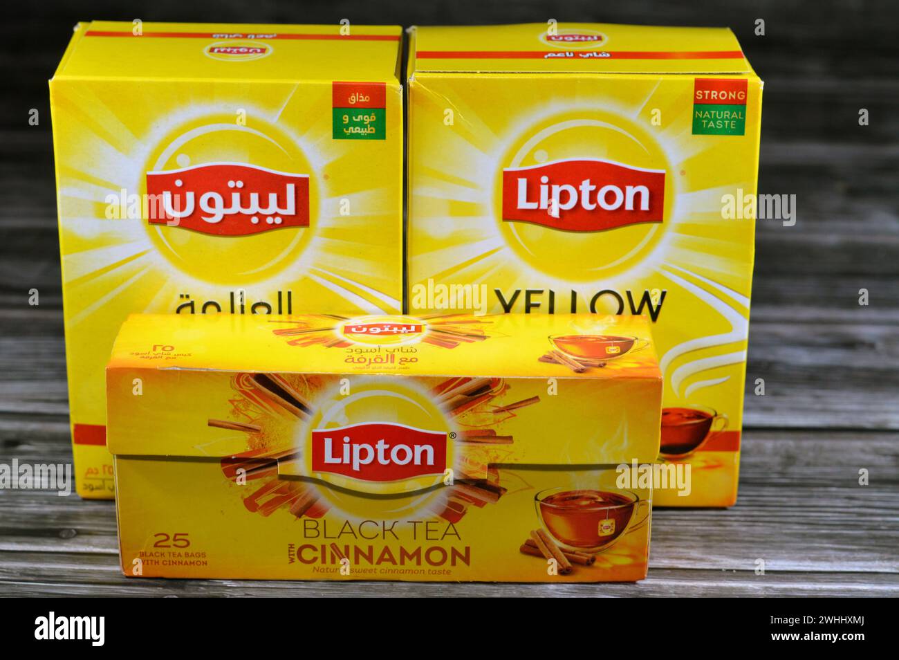 Cairo, Egypt, February 7 2024: Lipton black tea and with cinnamon taste ...