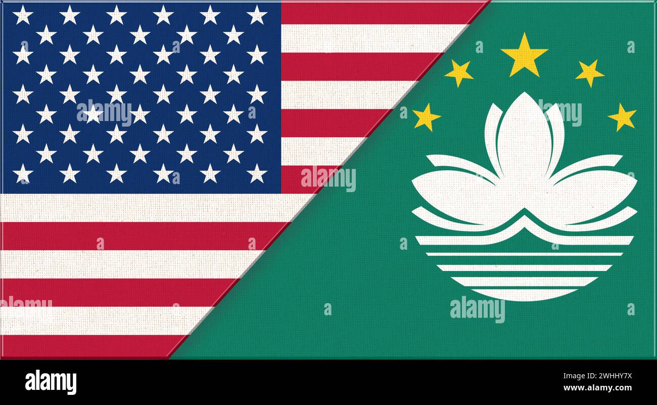 Flags of USA and Macao. American and Macau national flags on fabric ...