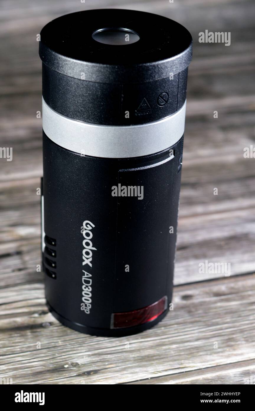 Cairo, Egypt, February 9 2024: A portable Godox AD300 Pro outdoor flash ...