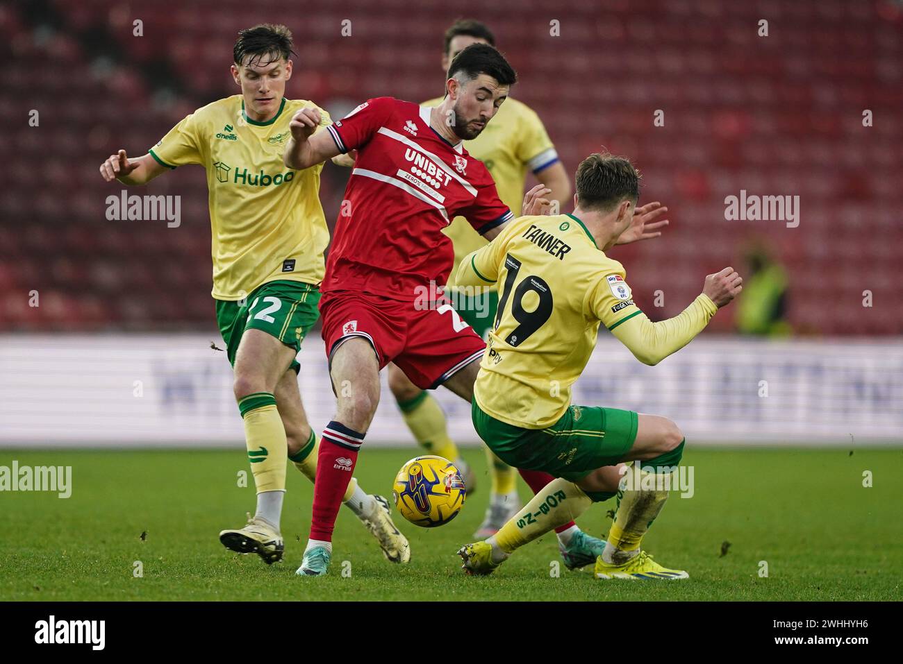 Middlesbrough's Finn Azaz (centre) is challenged for the ball by ...
