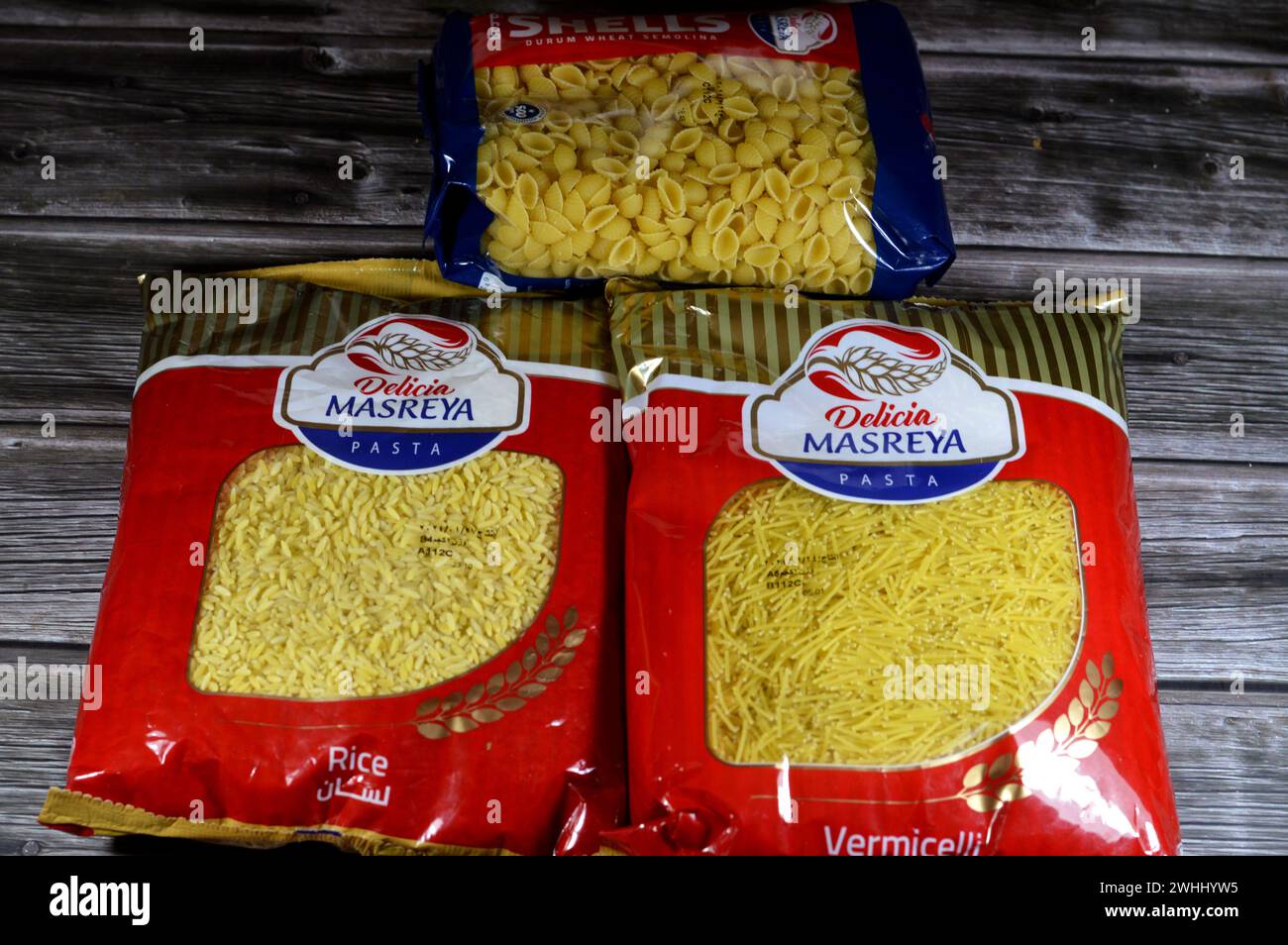 Cairo, Egypt, February 7 2024: Delicia Masreya Pasta, rice Lisan Asfour ...
