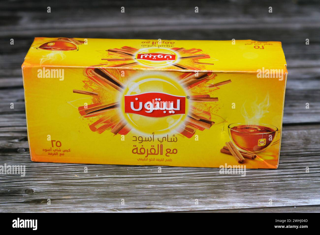 Cairo, Egypt, February 7 2024: Lipton black tea with cinnamon bags, sum ...