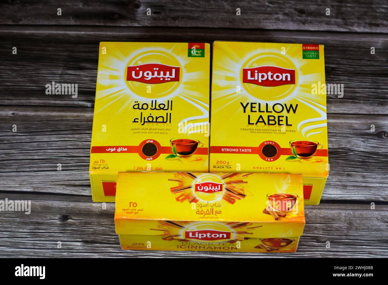 Cairo, Egypt, February 7 2024: Lipton black tea and with cinnamon taste ...