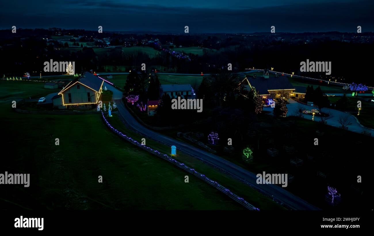 Nightfall Scene Over A Countryside Christmas Light Display With ...
