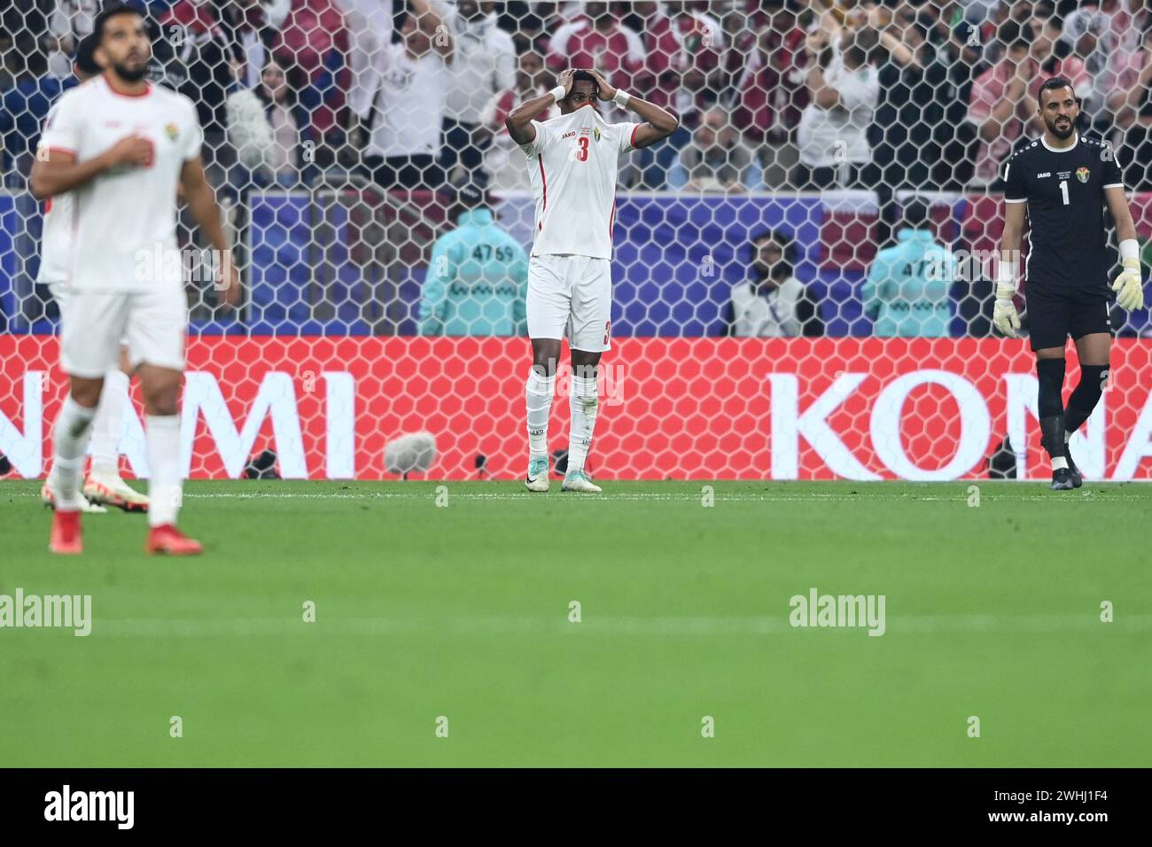 Lusail, Qatar. 10th Feb, 2024. Abdallah Nasib (C) of Jordan looks ...