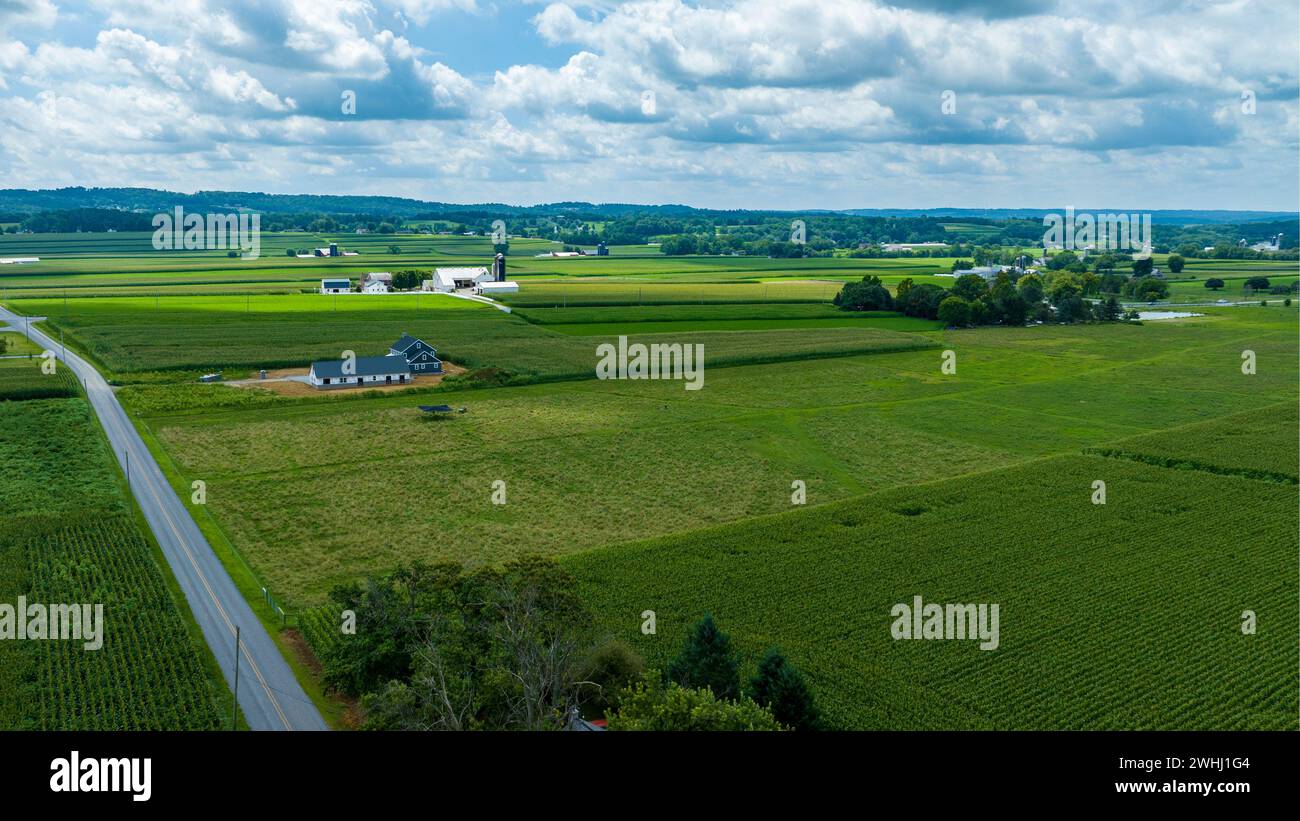 Overhead View Of A Curving Road Cutting Through Varied Agricultural ...