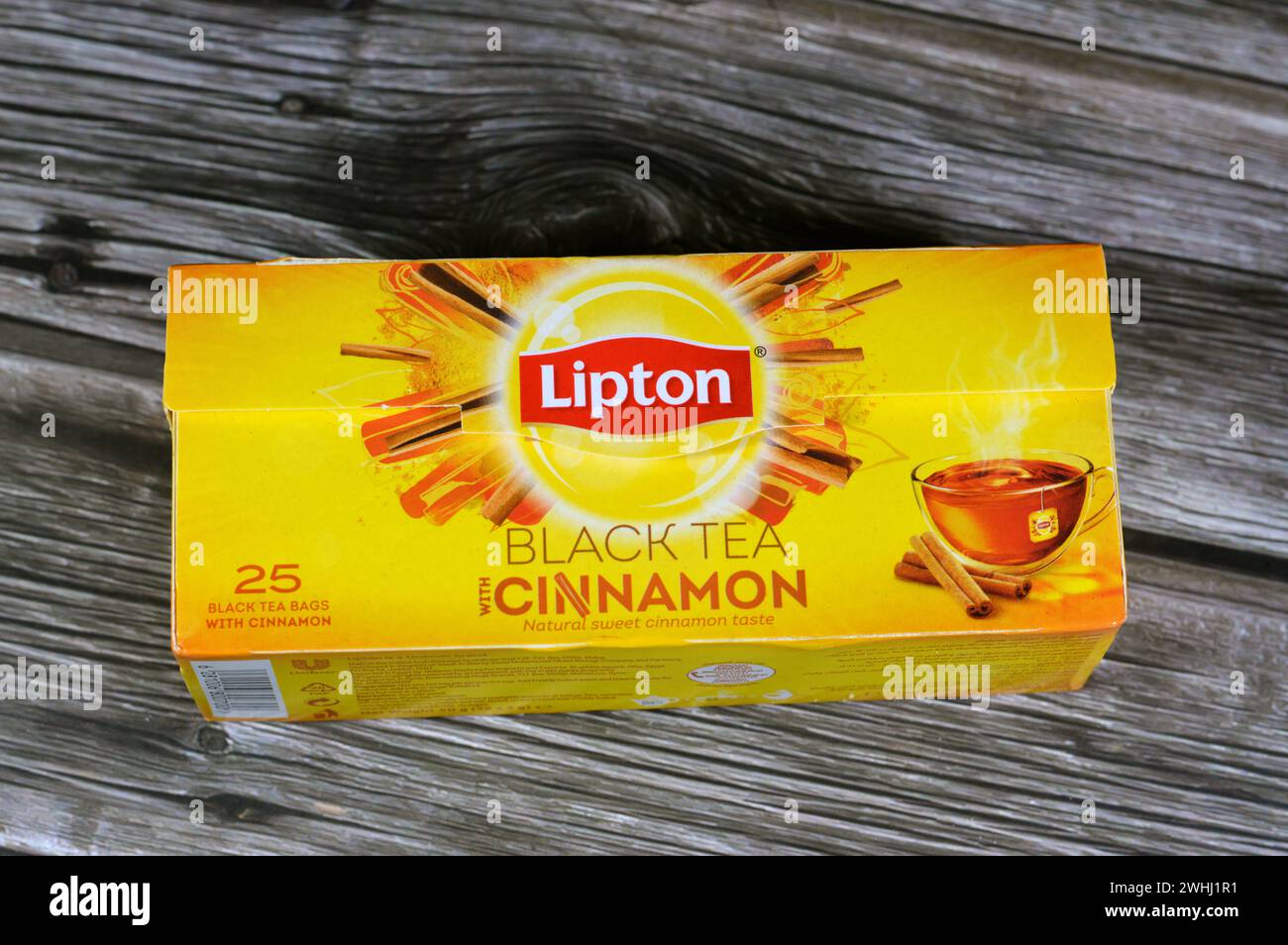 Cairo, Egypt, February 7 2024: Lipton black tea with cinnamon bags, sum ...
