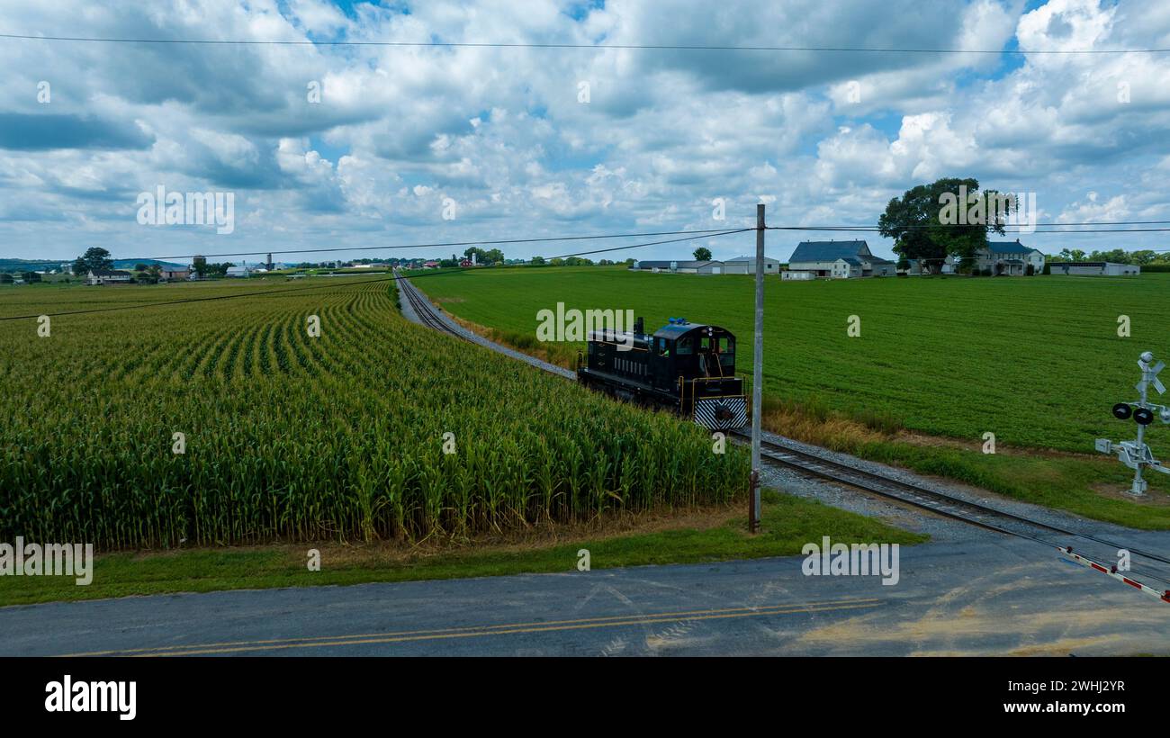 Dark Green Locomotive Moving On Tracks Beside A Cornfield With A Crossing Signal In The ...
