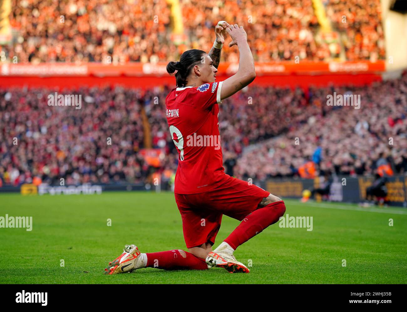 Liverpool's Darwin Nunez celebrates scoring their side's third goal of ...