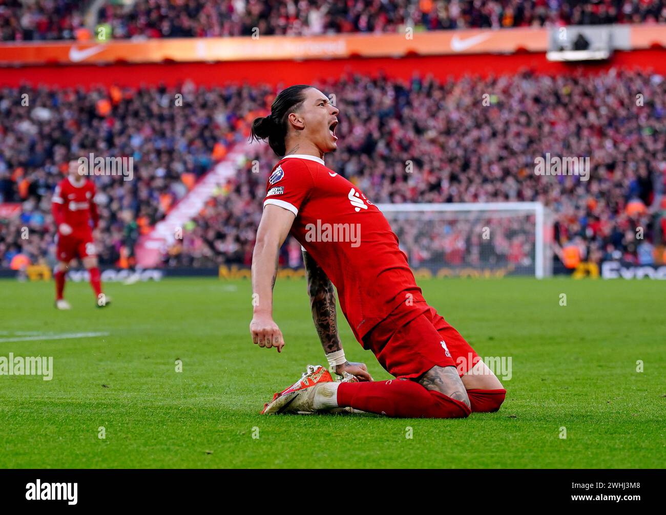 Liverpool's Darwin Nunez celebrates scoring their side's third goal of ...