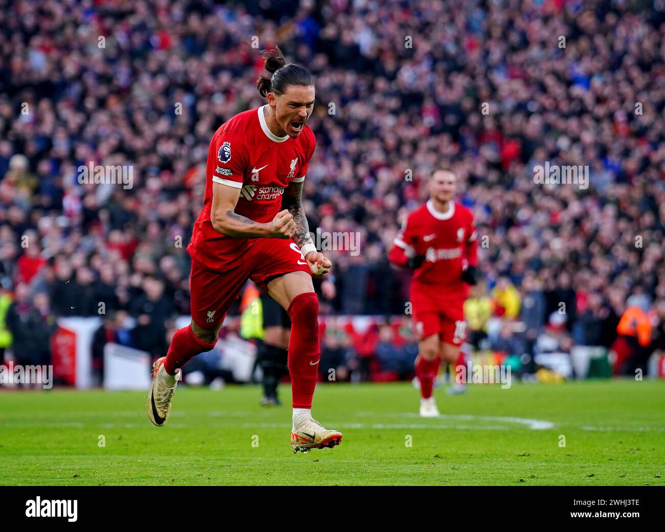 Liverpool's Darwin Nunez celebrates scoring their side's third goal of ...