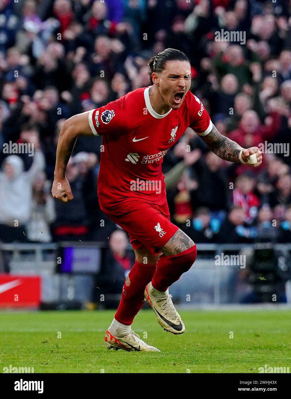Liverpool's Darwin Nunez celebrates scoring their side's third goal of ...