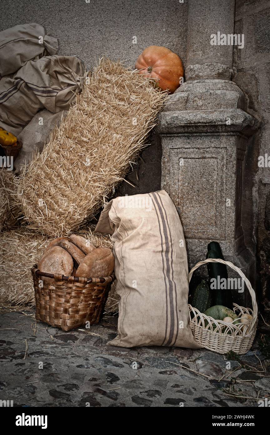 Medieval tavern with alpacas straw and hay bags Stock Photo - Alamy