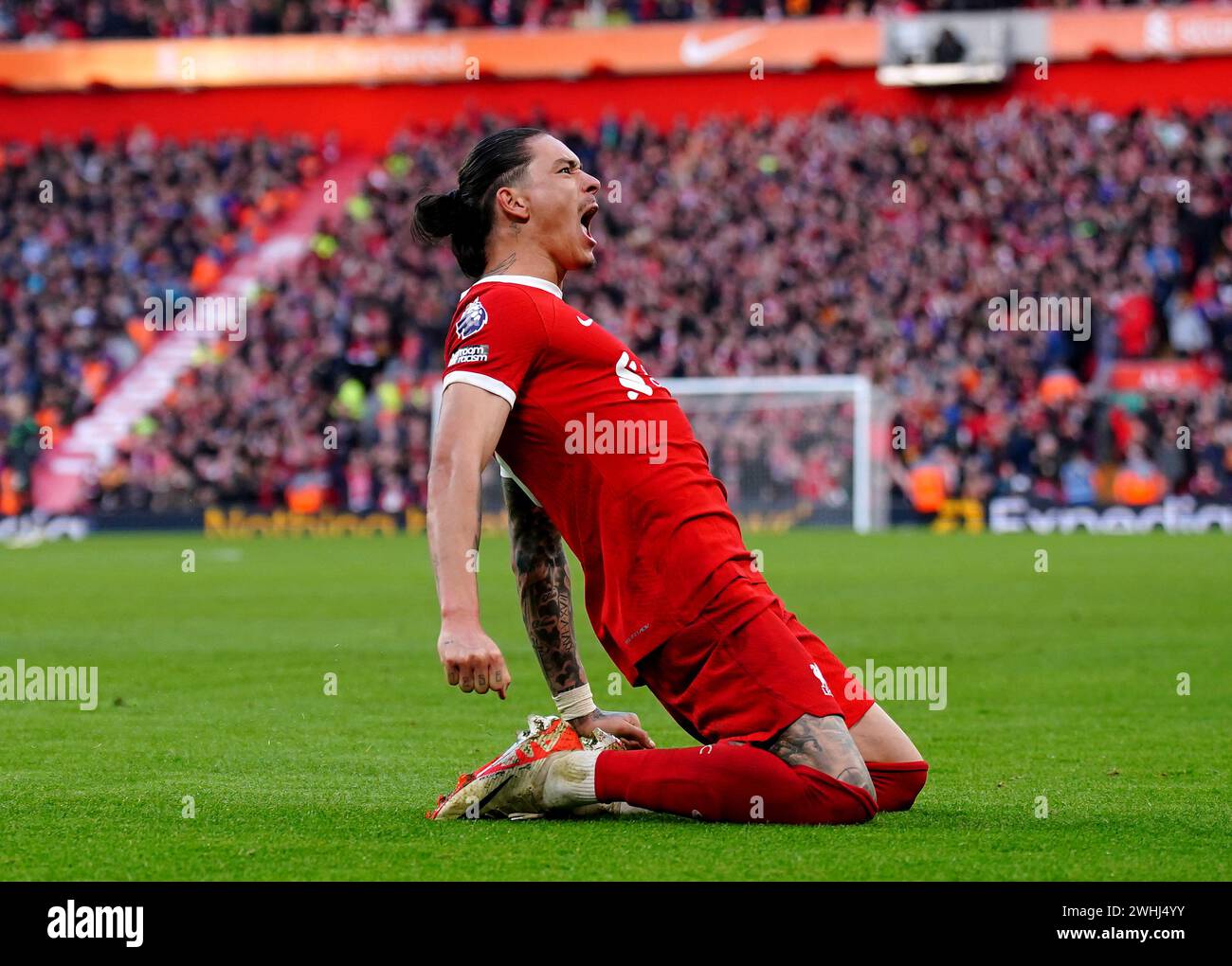 Liverpool's Darwin Nunez celebrates scoring their side's third goal of ...
