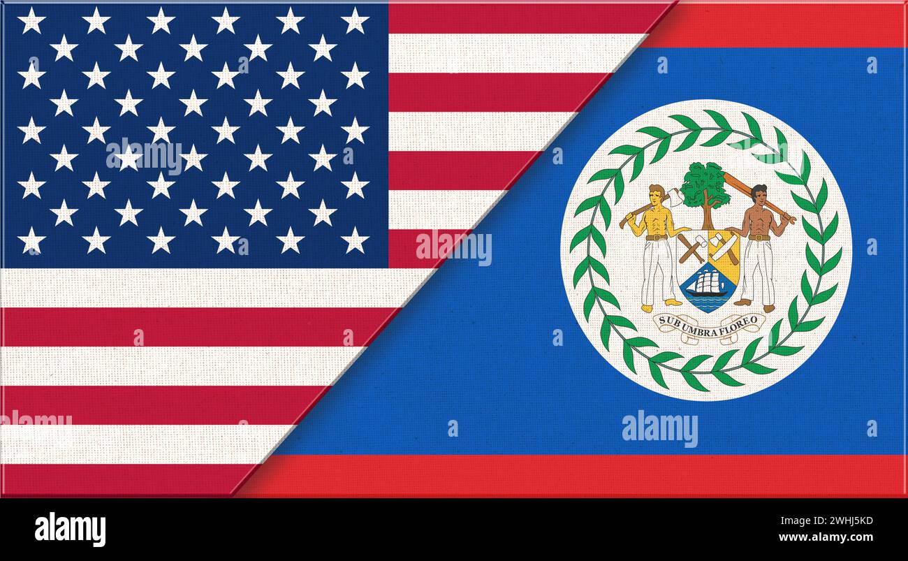 Flags of USA and Belize. American and Belize national flags on fabric ...