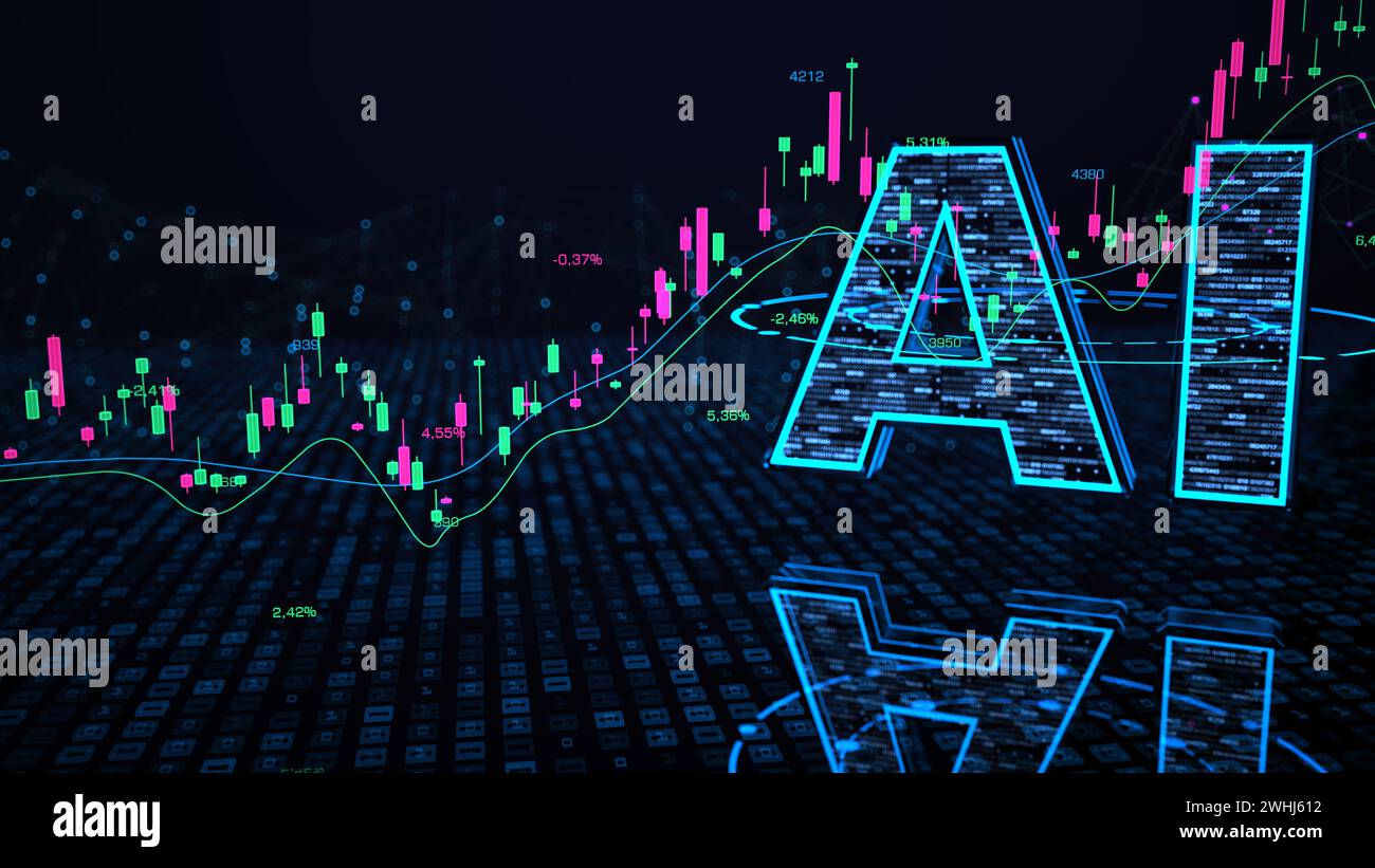 A digital candlestick chart with the letters AI in the background. 3d ...