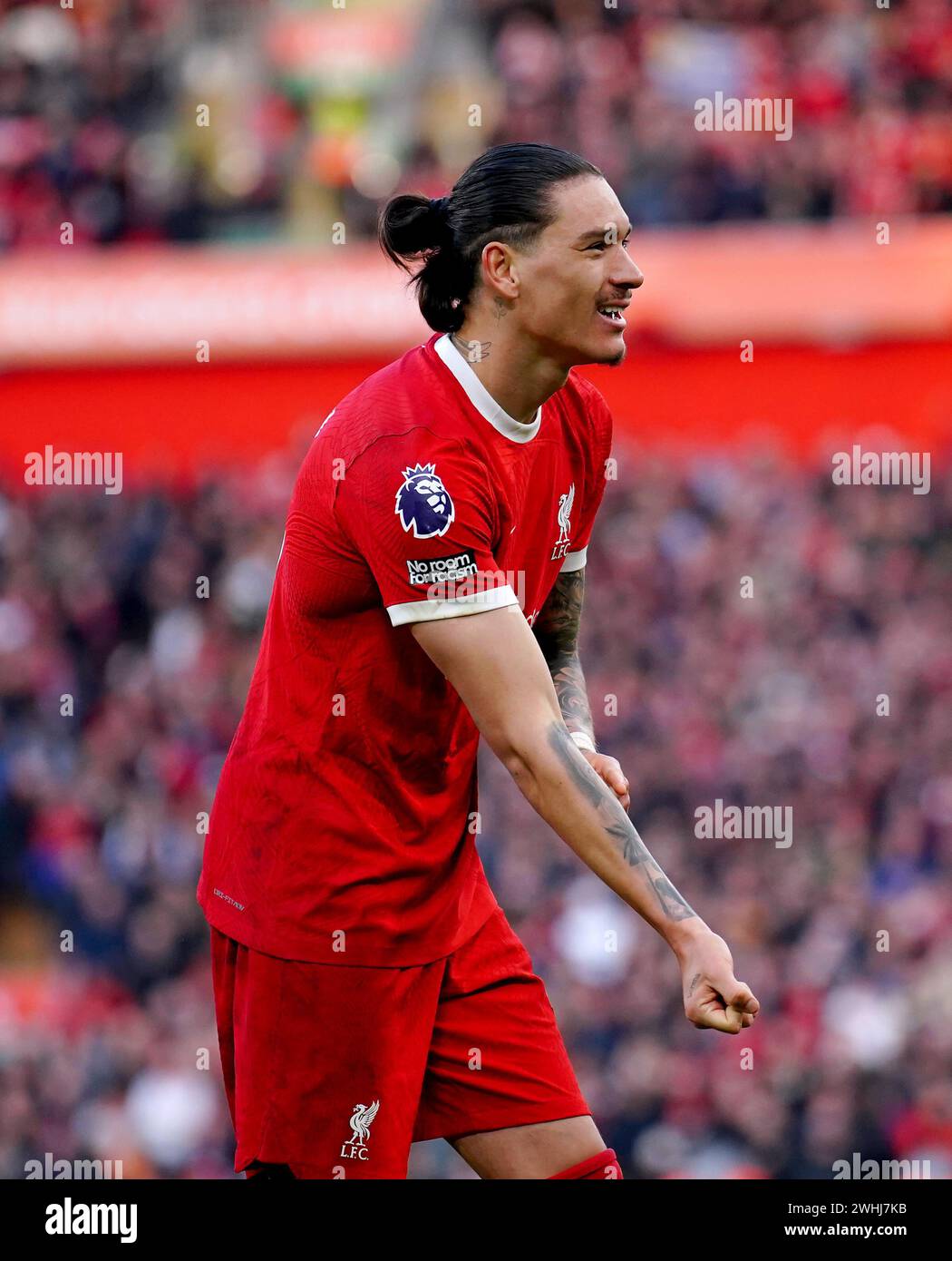 Liverpool's Darwin Nunez celebrates scoring their side's third goal of ...
