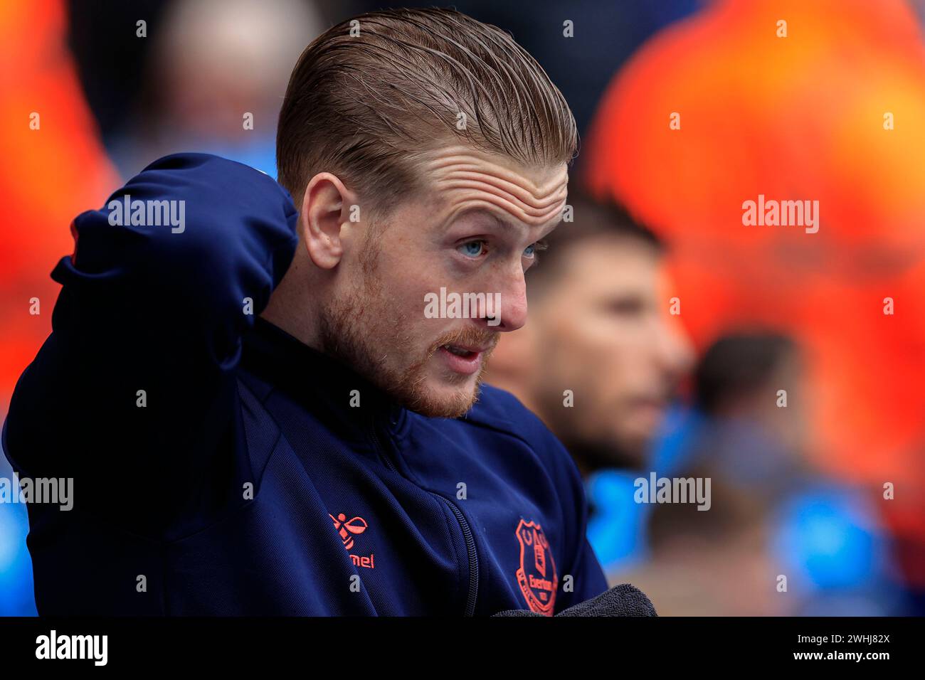 Jordan Pickford of Everton comes out for the start of the Premier ...