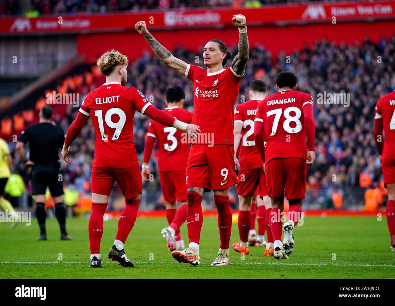 Liverpool's Darwin Nunez celebrates scoring their side's third goal of ...
