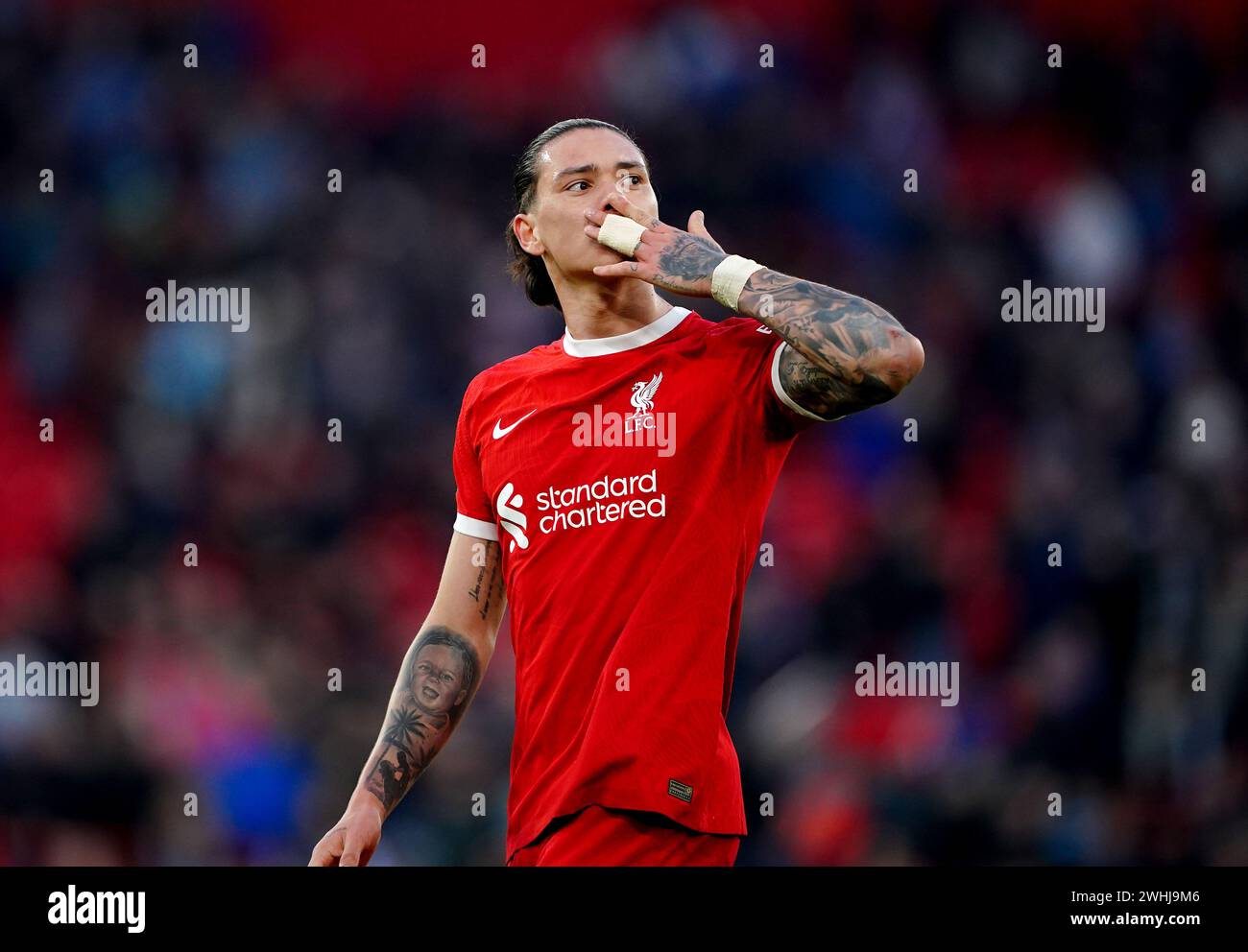 Liverpool's Darwin Nunez blows kisses to the fans at the end of the ...