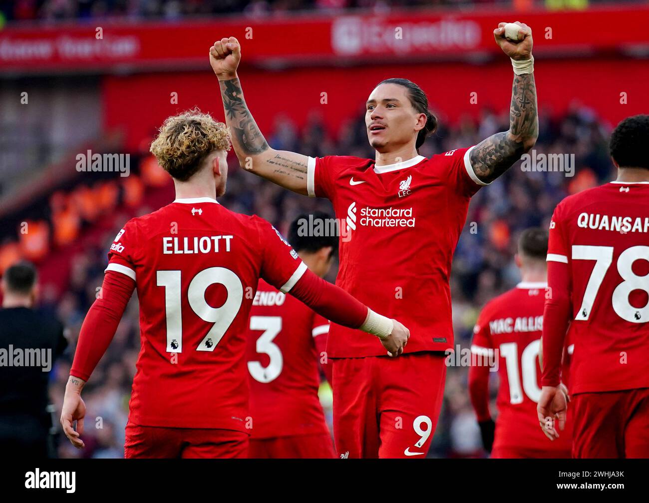 Liverpool's Darwin Nunez celebrates scoring their side's third goal of ...