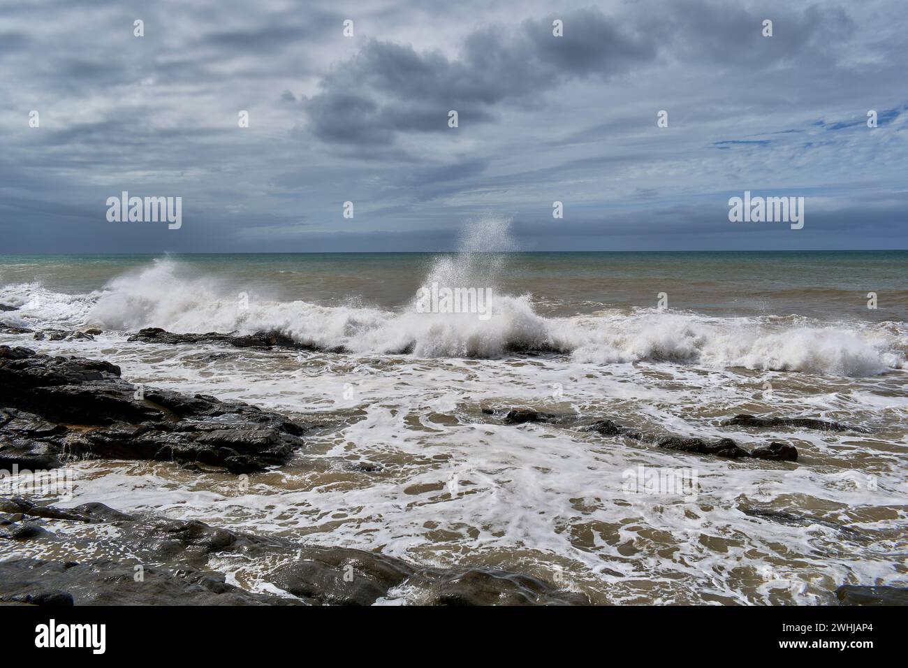 The angry Atlantic Ocean after a few days of the storm with cloudy ...