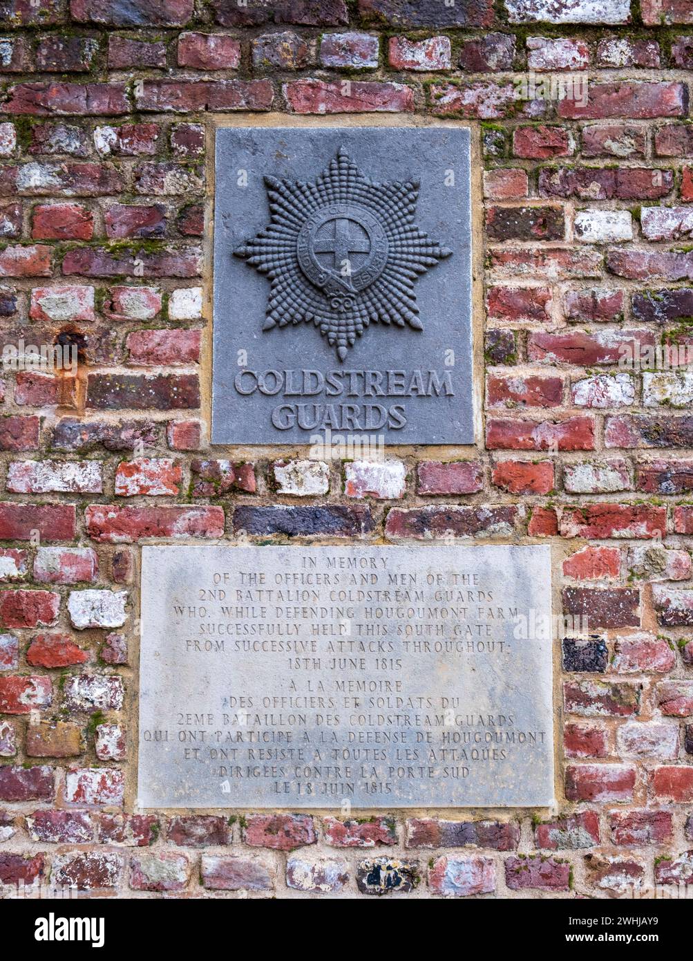 Memorial plaque dedicated to the Coldstream Guards on the outside wall ...