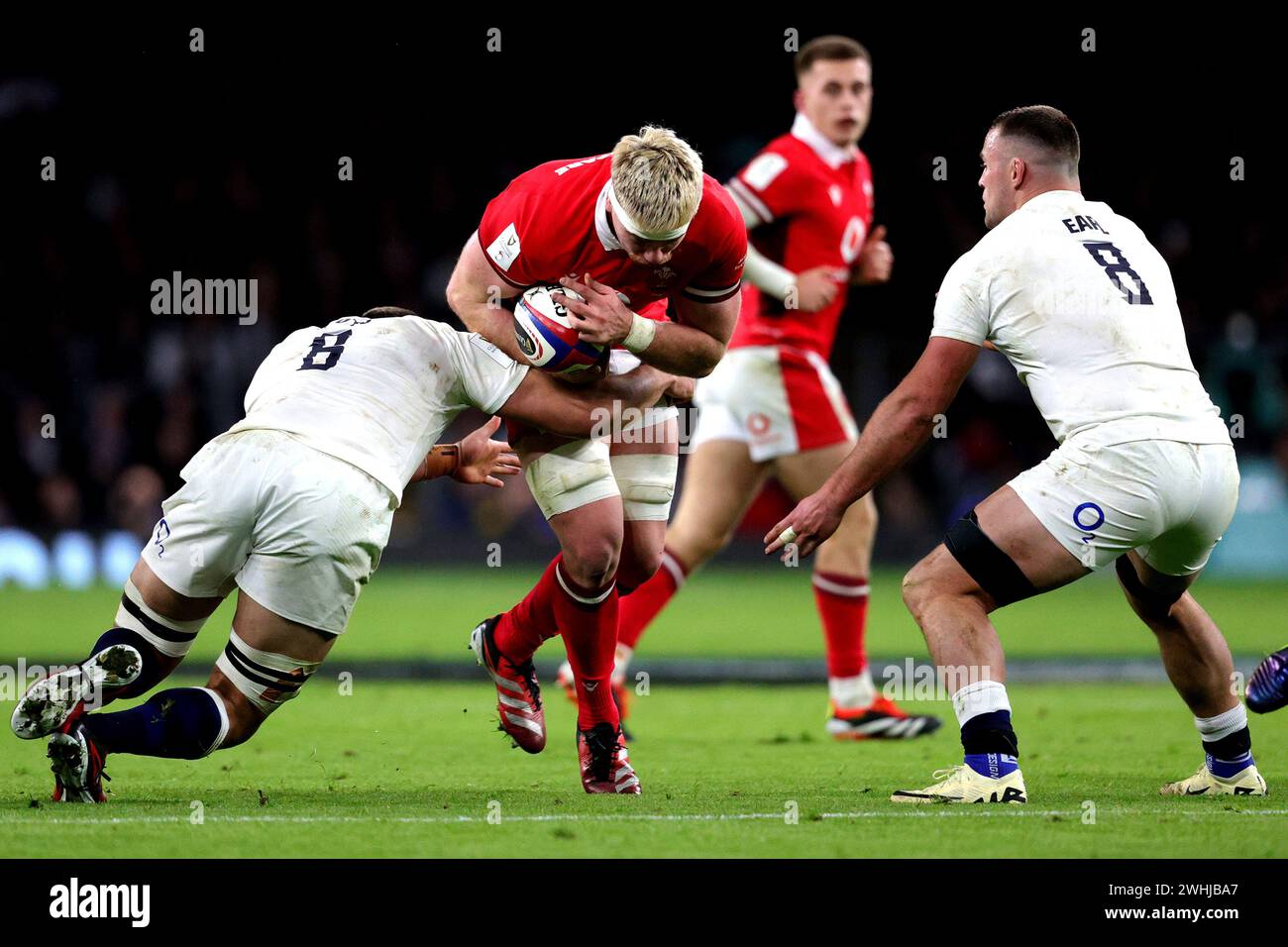 London, England. 10th February, 2024. Wales' Aaron Wainwright is ...