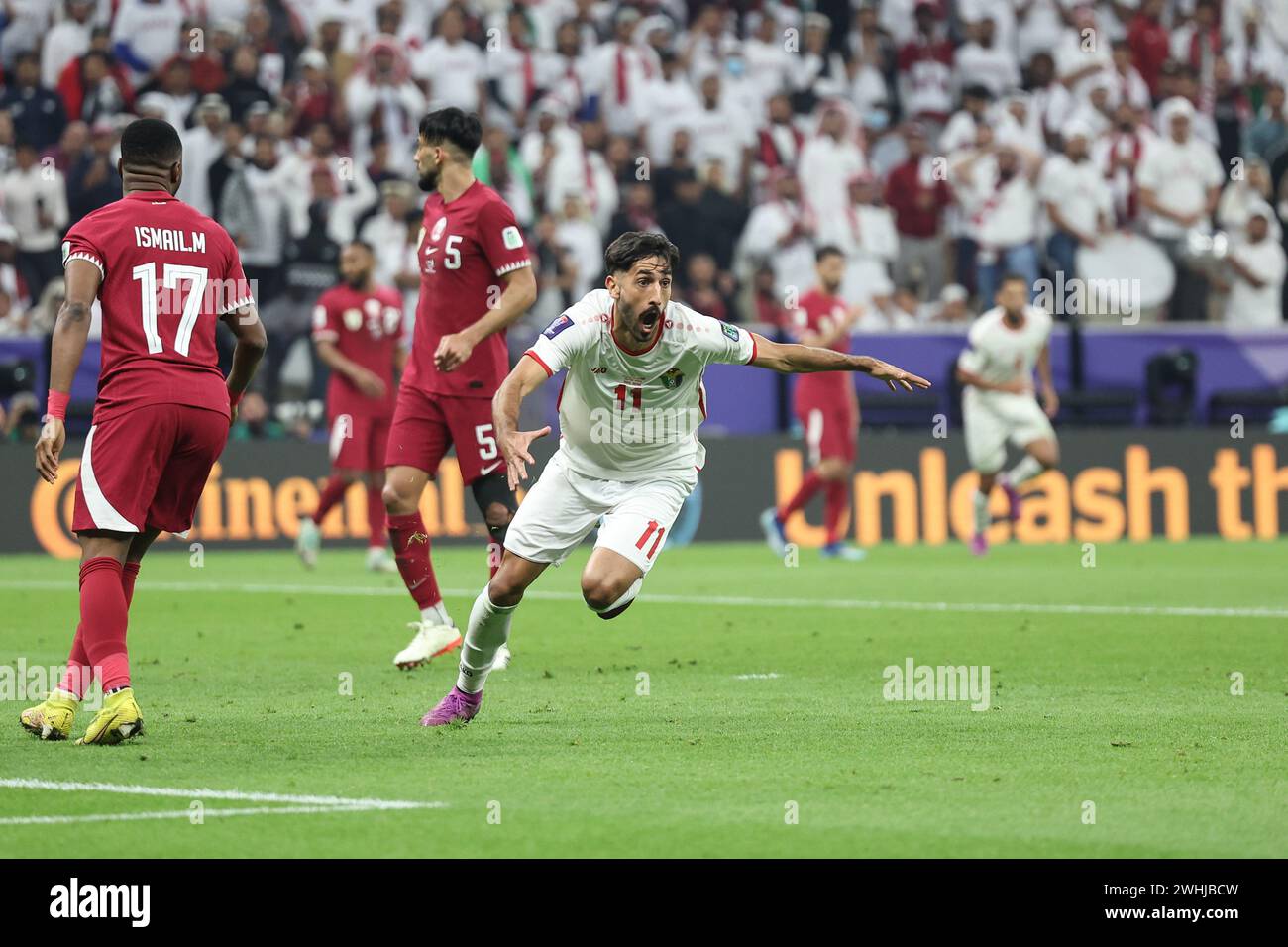 Lusail, Qatar. 10th Feb, 2024. Yazan Alnaimat of Jordan celebrates ...