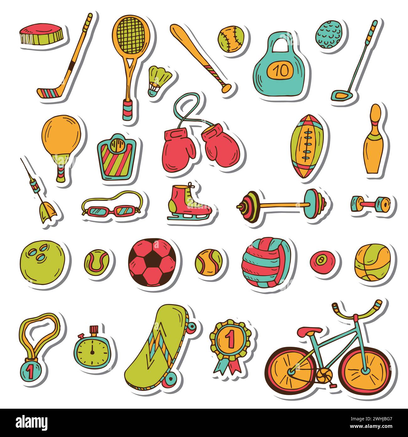 Healthy lifestyle sticker set. Sport icons. Hand drawn doodle fitness ...