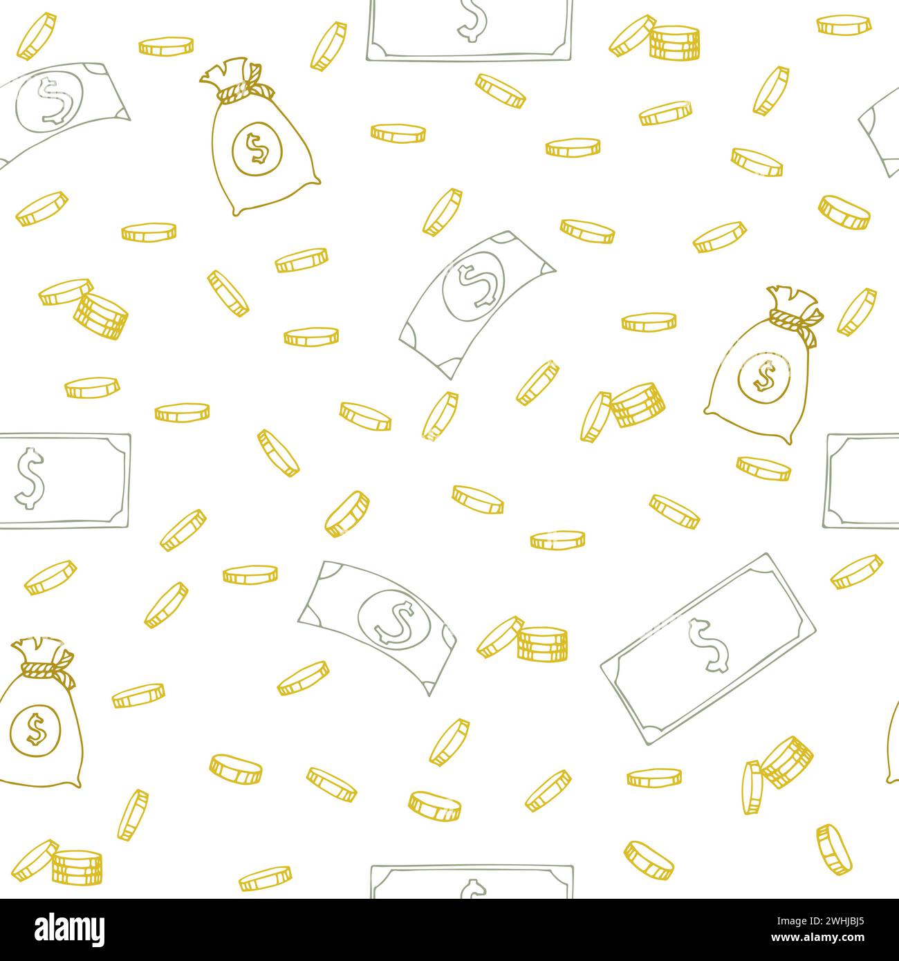 Seamless pattern with money. Hand sketched coins, dollar bills and ...