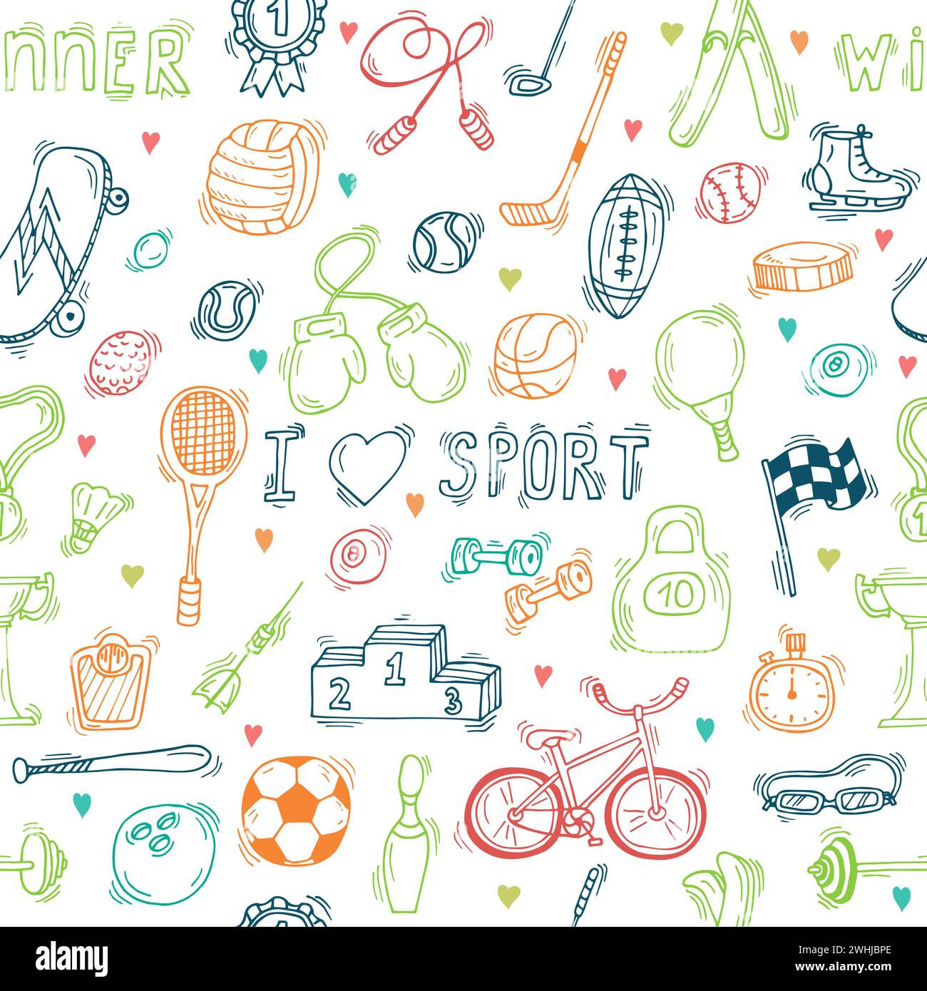 Seamless pattern with hand drawn sport equipment. I love sport. Vector ...