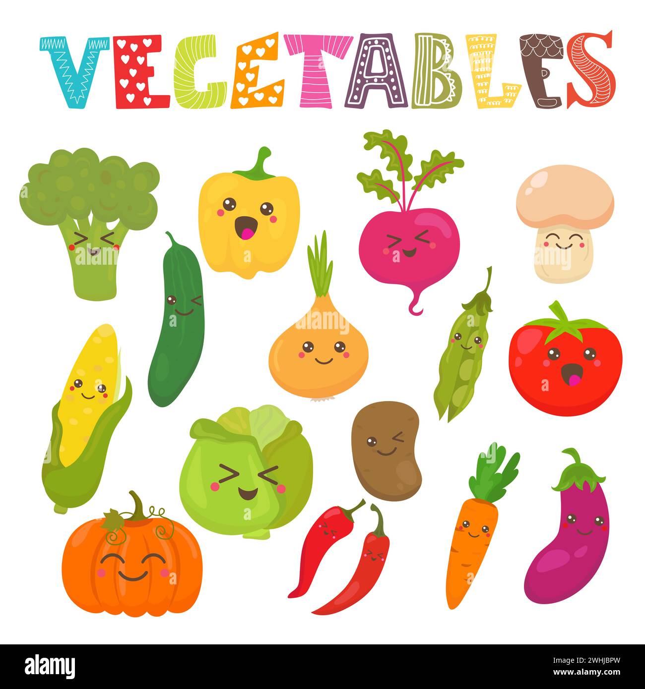 Cute kawaii smiling vegetables. Healthy style collection. Vector ...