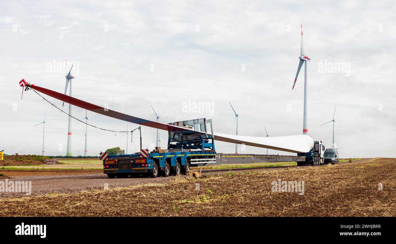 Wind turbines under construction. Blade for wind turbines close up ...
