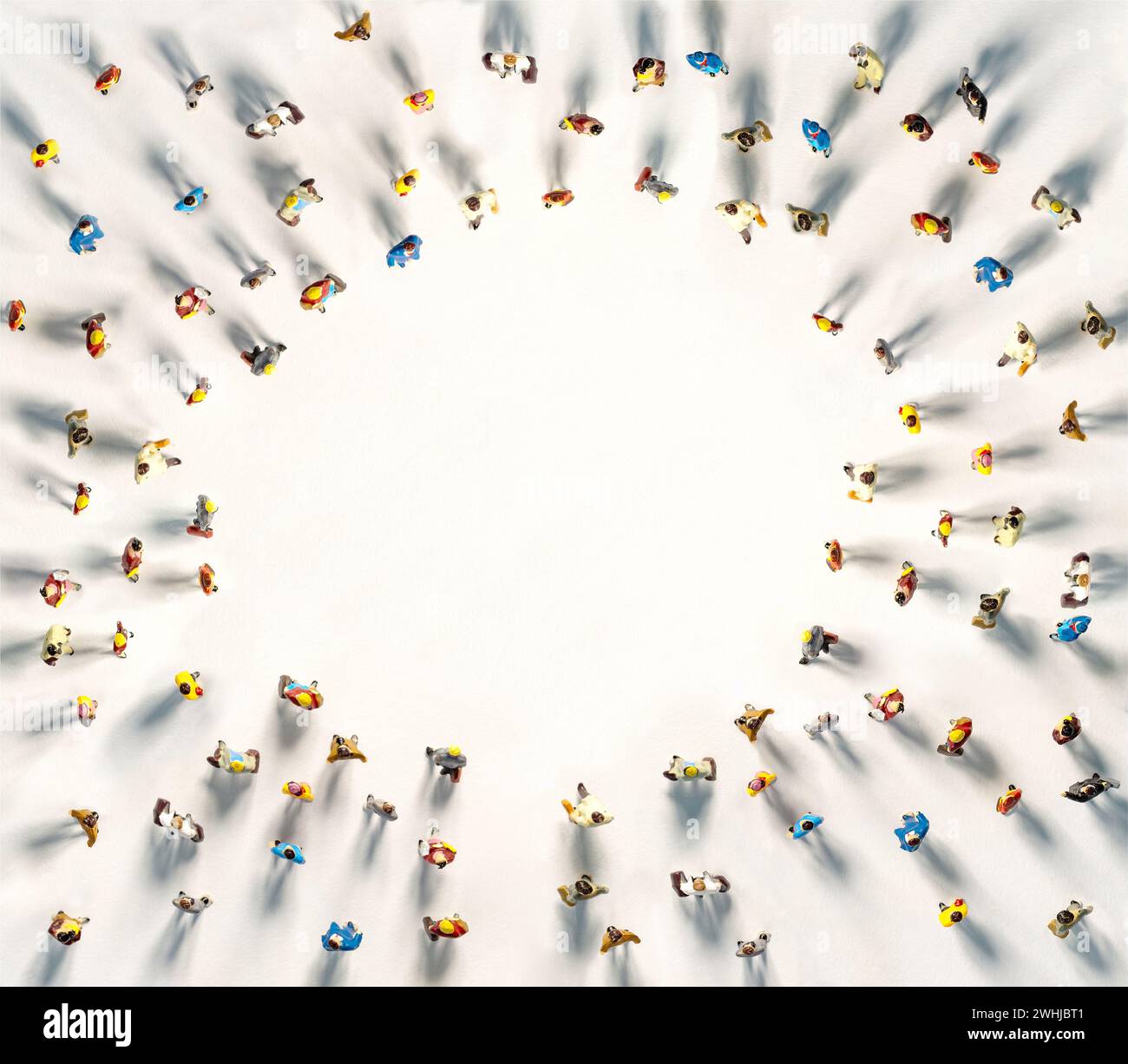 People crowd gathering in shape of a empty circle on a white background ...