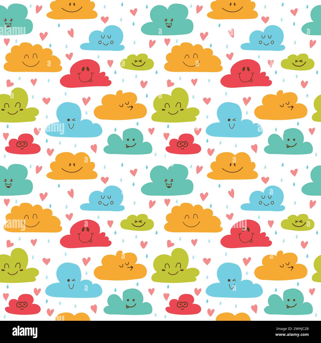 Cute hand drawn seamless pattern with clouds, drops and hearts. Funny ...
