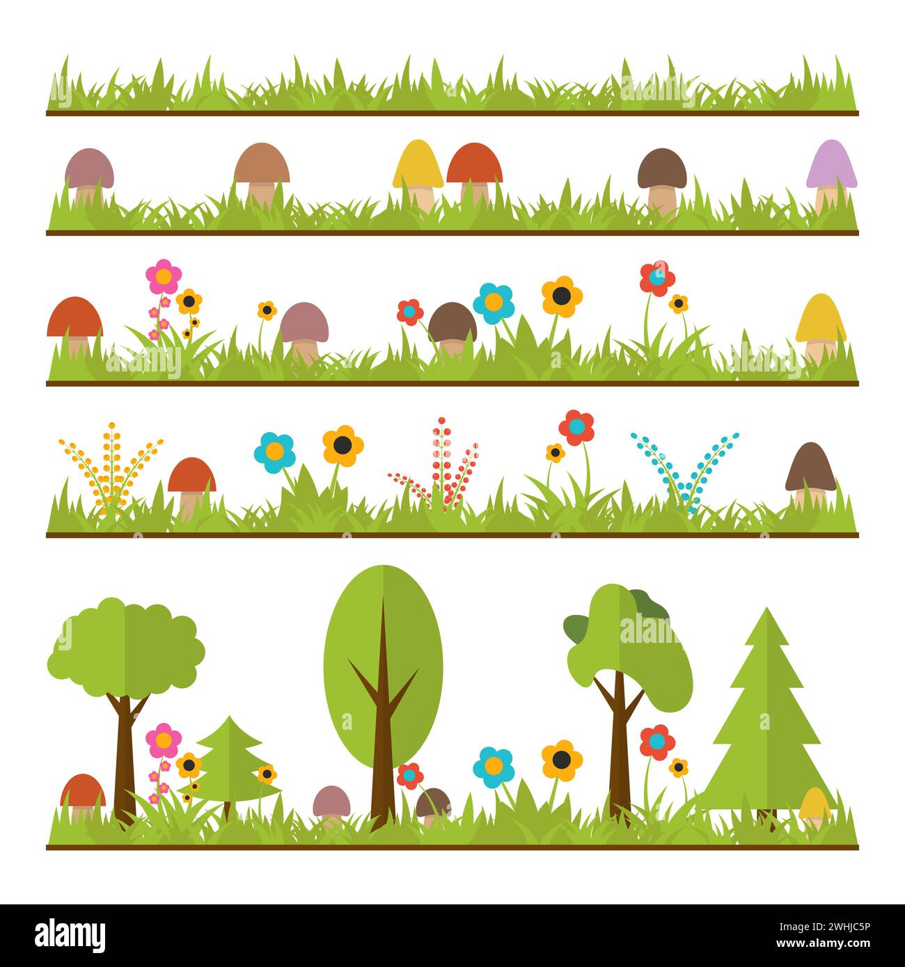 Set of flat forest design elements. Mushrooms, grass, berries, trees ...