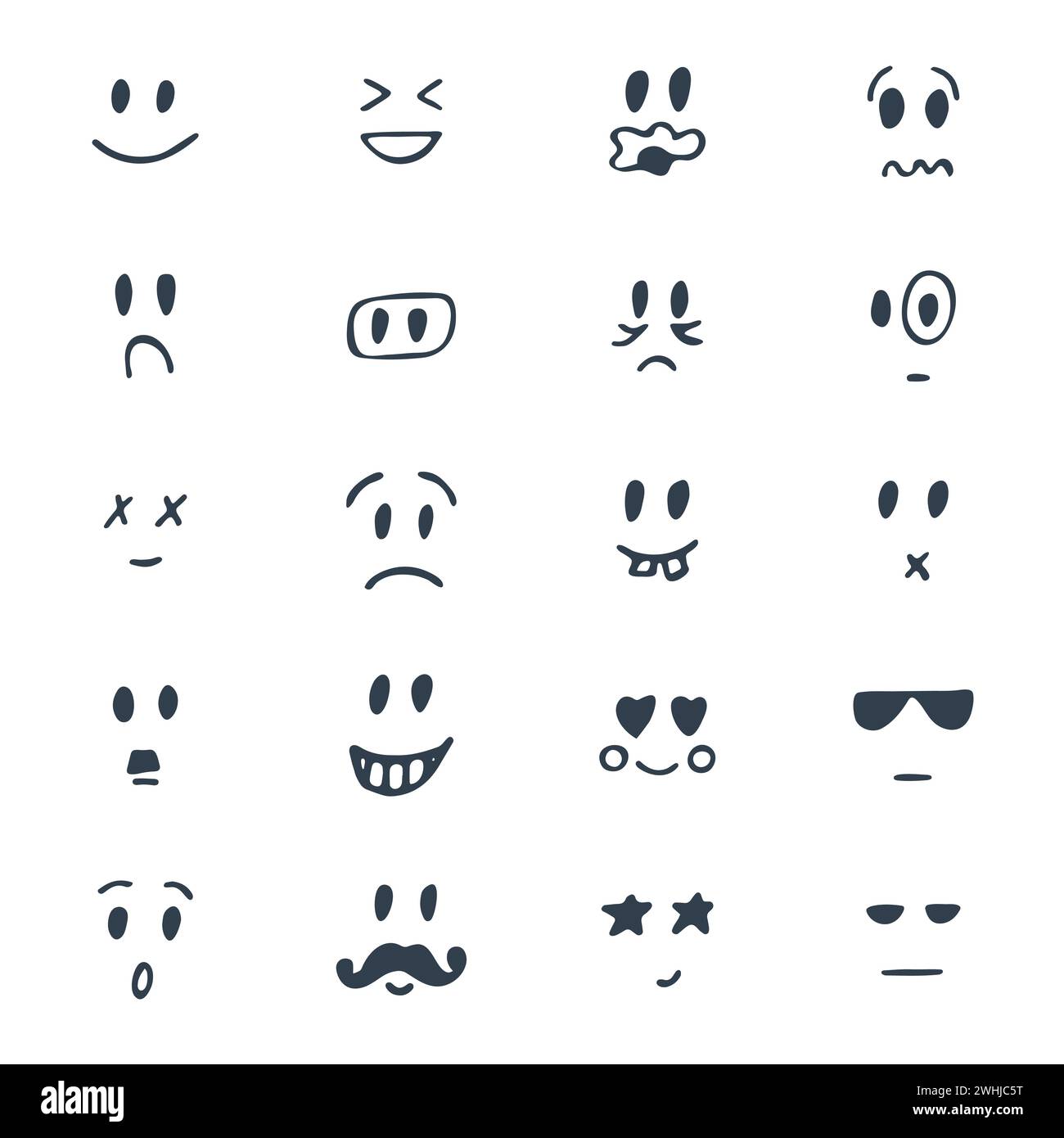 Set of hand drawn smiley faces. Sketched facial expressions set. Vector ...