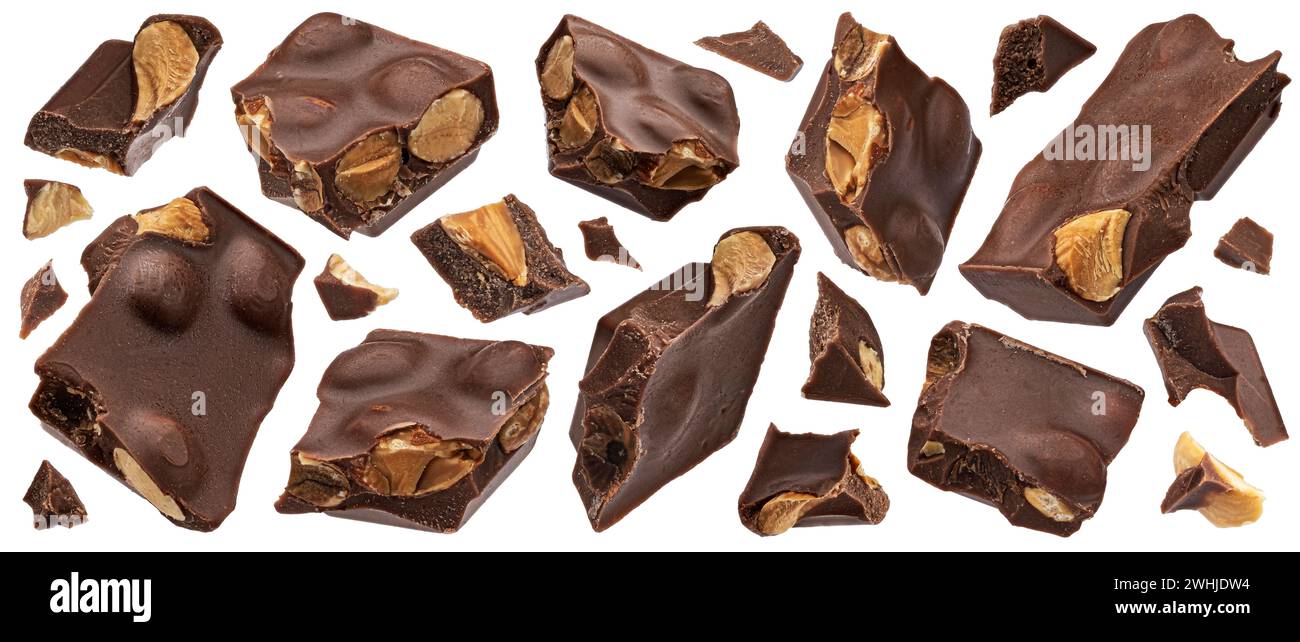 Dark chocolate chunks with almond isolated on white background Stock ...