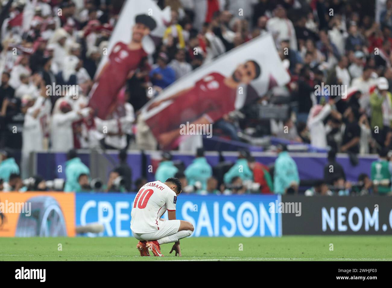Lusail, Qatar. 10th Feb, 2024. Mousa Altamari of Jordan reacts after ...