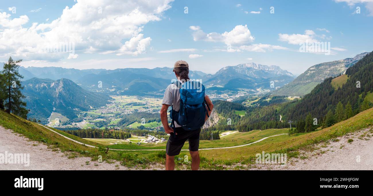 A Man is Hiking in the alps. Jenner Mountain panorama - Berchtesgaden ...