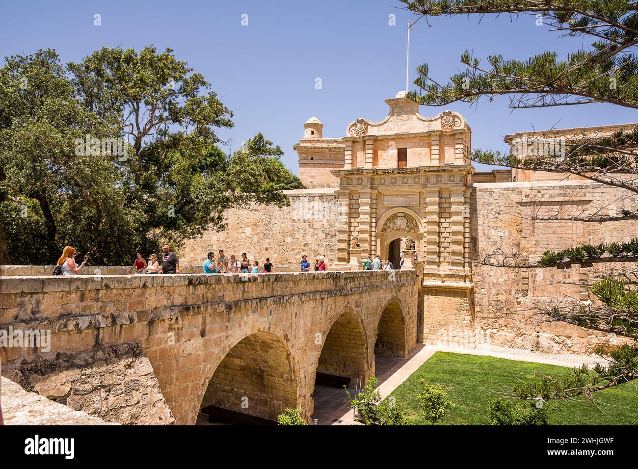 Mdina, Malta - 20 June, 2023: Bridge and entrance to the fortified city ...