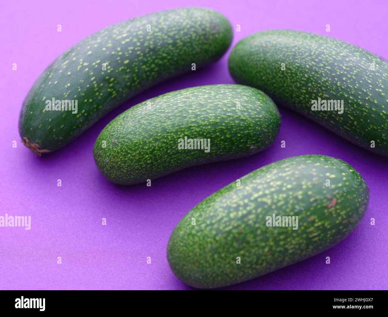 Four cocktail avocados or mini avocados on a purple background ...