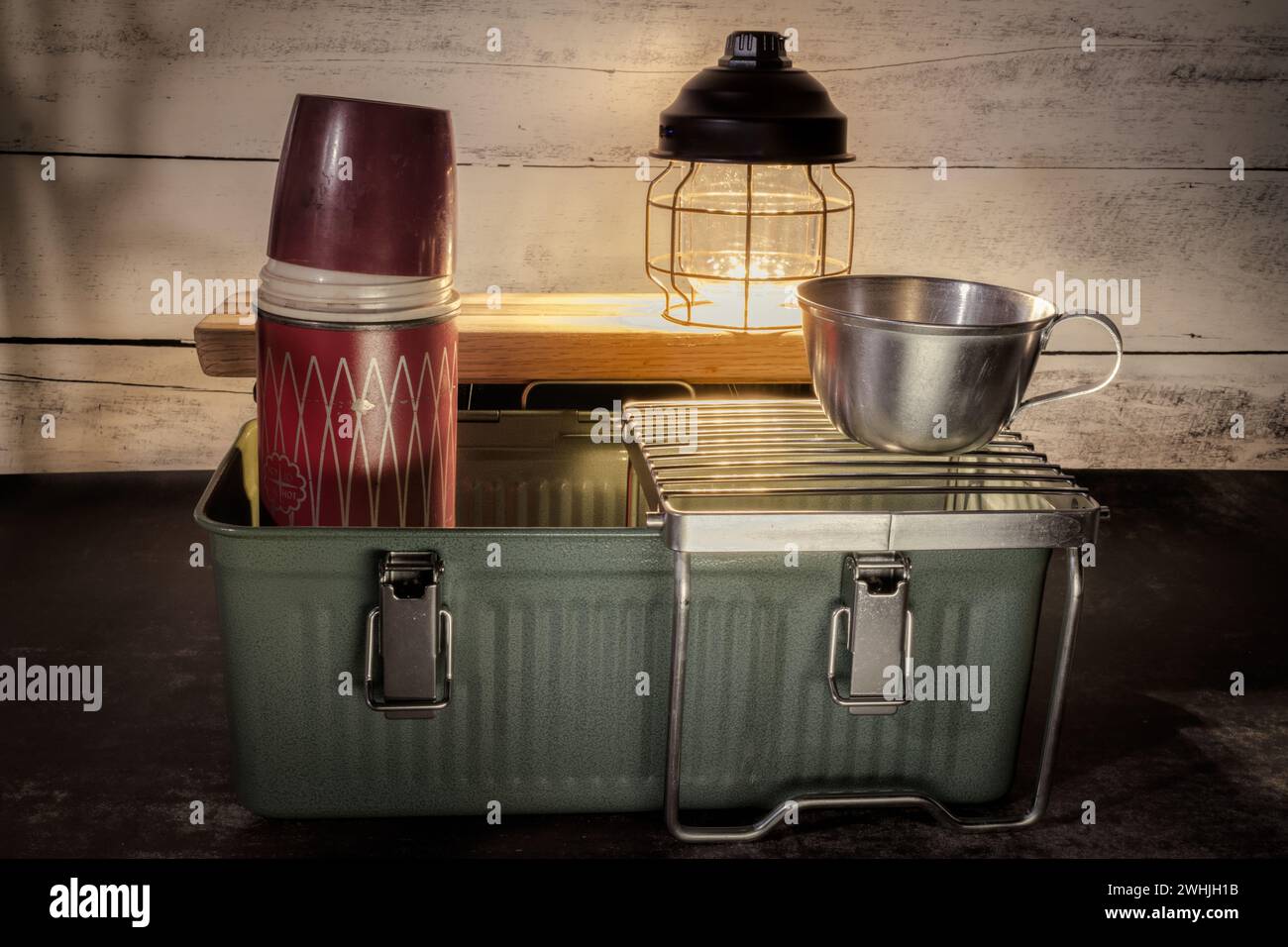 Iconic blue collar worker steel lunch box with thermos and cup Stock ...