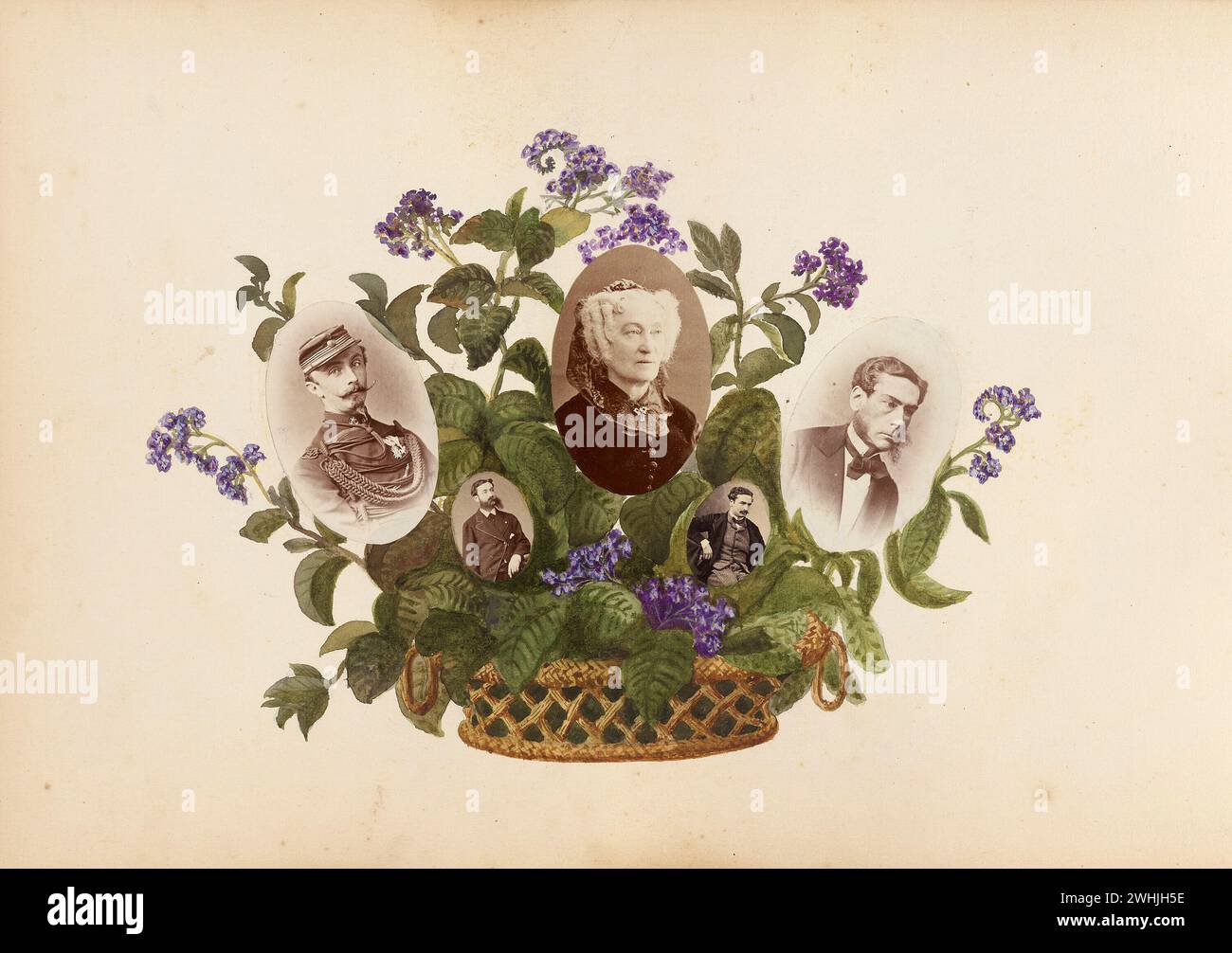 Photocollage of potrait of older French people placed in a watercolou ...