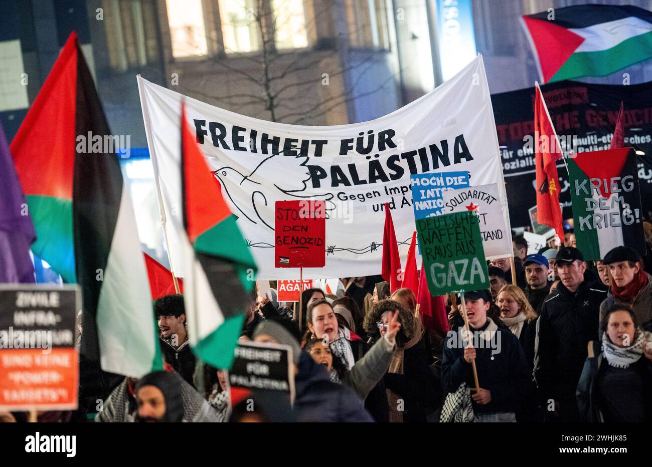 Hamburg, Germany. 10th Feb, 2024. Participants in a demonstration with the slogan "Solidarity ...