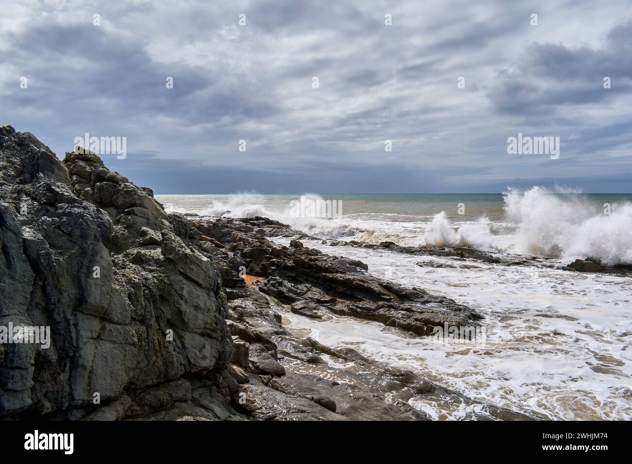 The angry Atlantic Ocean after a few days of the storm with cloudy ...