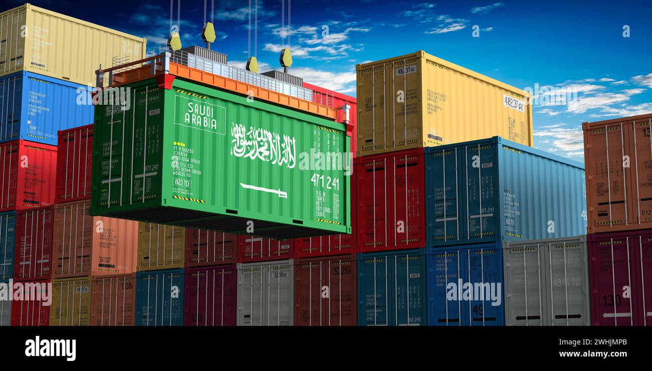 Freight shipping container with flag of Saudi Arabia on crane hook - 3D ...